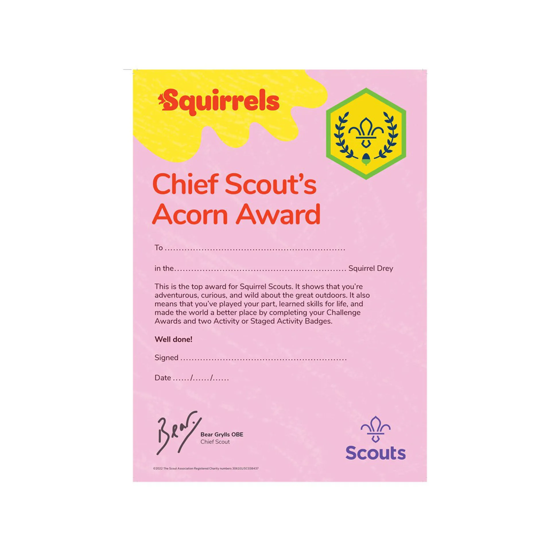 Squirrels Chief Scout's Acorn Award Certificate - Pack of 10